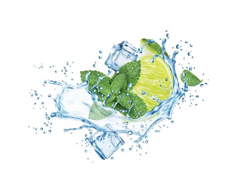 라임과 얼음 조각 및 민트 잎이 튀는 현실적인 모히토 음료 벡터 배경 모히토 음료 또는 레모네이드 음료수 물 튀김과 방울 폭발 라임 및 민트 잎이 쏟아지는 흐름 프리미엄 벡터
