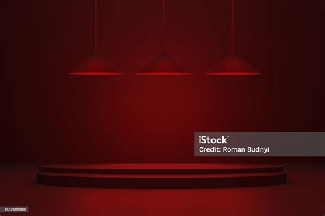 희미한 조명이 있는 빨간색 방 장면 스탠드 디스플레이가 있는 램프가 있는 연단 3d 렌더링 빨강에 대한 스톡 사진 및 기타 이미지 빨강 어두운 색 0명 Istock