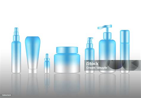 스프레이 병 모형 현실적인 파란색 화장품 비누 샴푸 크림 스킨케어 제품 배경 그림을 위한 오일 스포이드 세트 건강 관리 및 의료 개념 디자인 3차원 형태에 대한 스톡 벡터