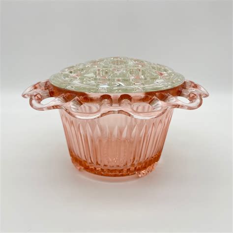 Pink Depression Glass Flower Bowl With Clear Glass Flower Frog Hocking