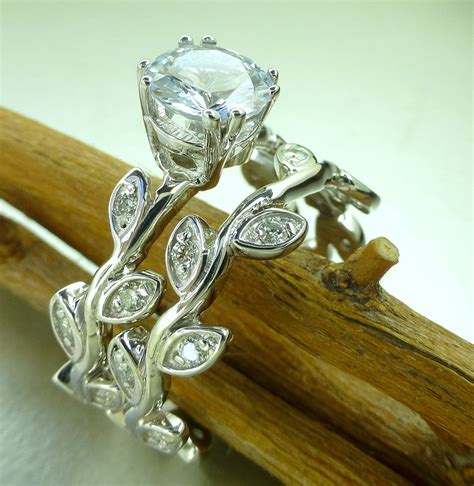 Leaf Diamond Engagement Ring Set 14k White Gold Ring Set