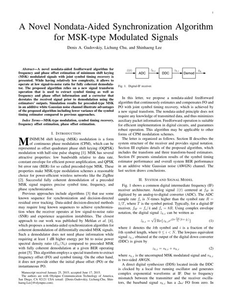 Pdf A Novel Nondata Aided Synchronization Algorithm For Msk Type Modulated Signals