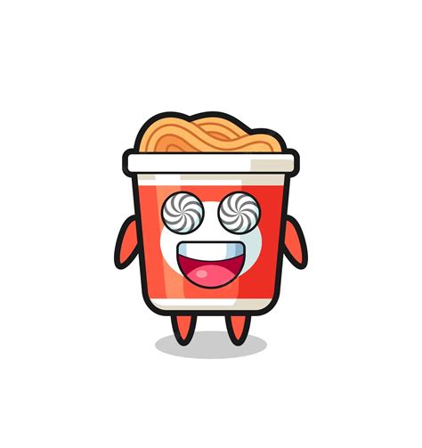 최면에 걸린 눈을 가진 귀여운 라면 캐릭터 프리미엄 벡터