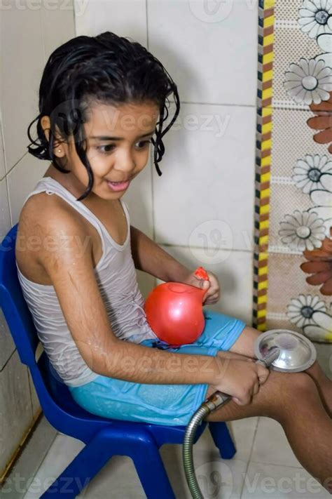 Cute Indian Girl Having Bath During The Summer Vacation Season Cute