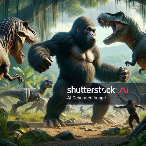 Gigantopithecus Blacki Fighting 2 T Rex Ai Generated Image 2412009615 Shutterstock