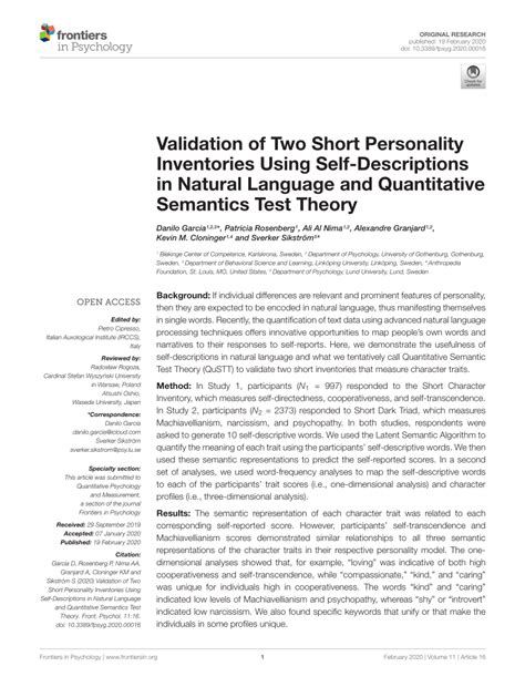Pdf Validation Of Two Short Personality Inventories Using Self