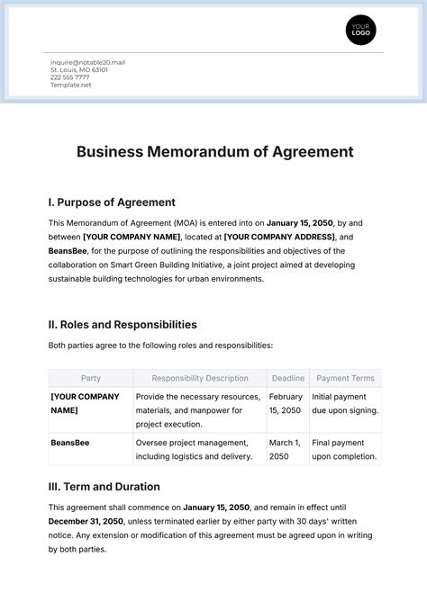 Printable Memorandum Of Agreement