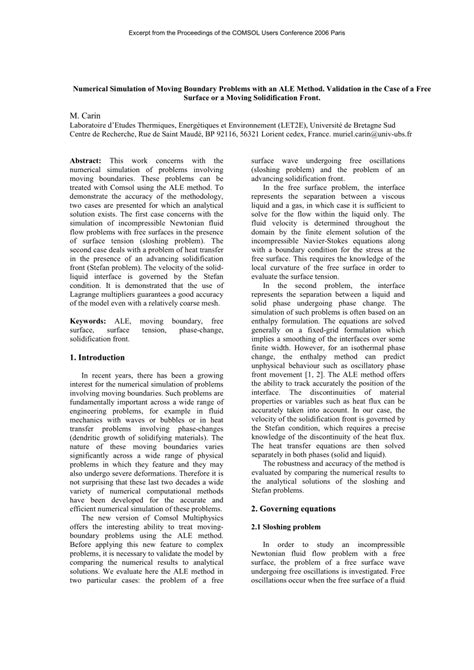 Pdf Numerical Simulation Of Moving Boundary Problems With An Ale