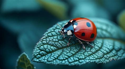 Ladybug On A Green Leaf Macro Photography Premium Ai Generated Image