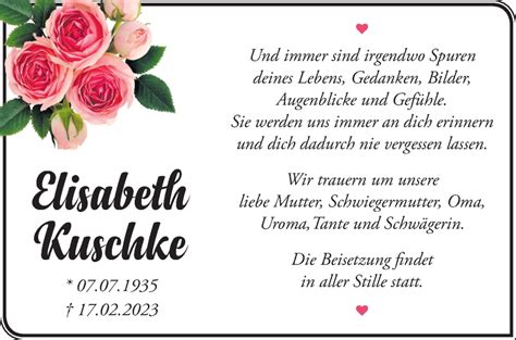 Traueranzeigen Von Elisabeth Kuschke Märkische Onlinezeitung Trauerportal