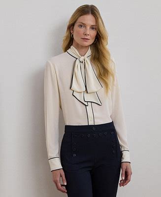 Lauren Ralph Lauren Womens Two Tone Georgette Tie Neck Blouse Macys