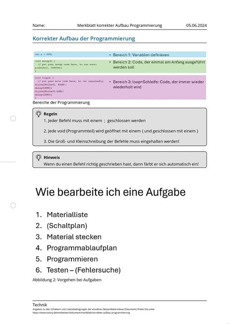 Arbeitsblatt Merkblatt Korrekter Aufbau Programmierung Technik Tutory De