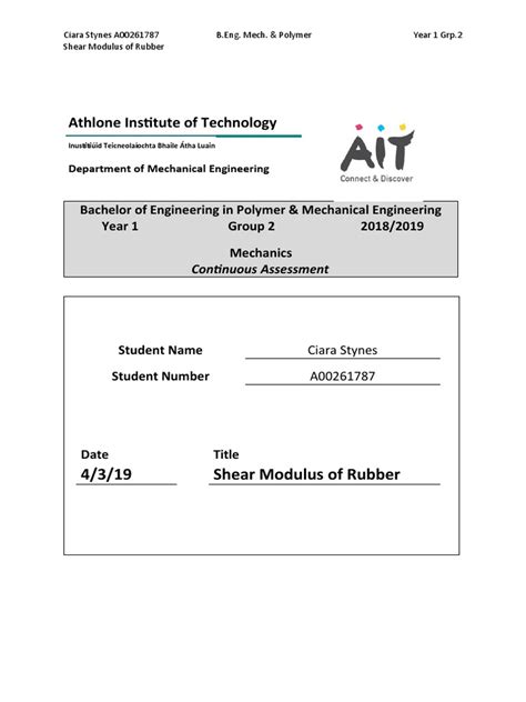 Shear Modulus Of Rubber A00261787 Ciara Stynes Pdf Youngs