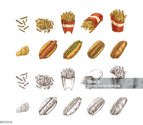 길거리 음식 테이크아웃 음식 패스트 푸드 정크 푸드의 손으로 그린 컬러 및 흑백 스케치 감자 감자 튀김 칩 핫도그 세트 메뉴에