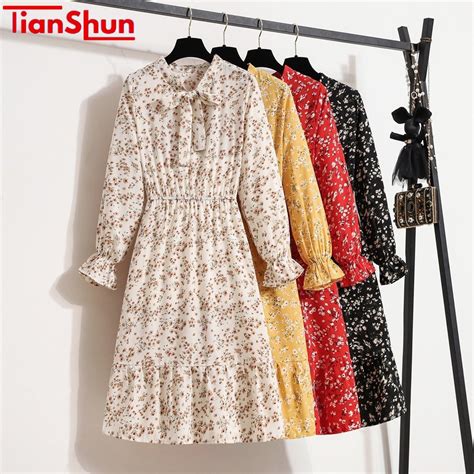 Jual Tianshun Kualitas Tinggi Beige Kuning Merah Hitam Sifon Bunga Fashion Lengan Pendek Dres