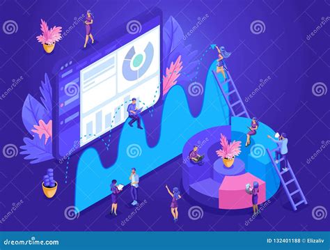 Isometric Design Concept For Landing Page Data Analysis Concept With Characters Stock Vector