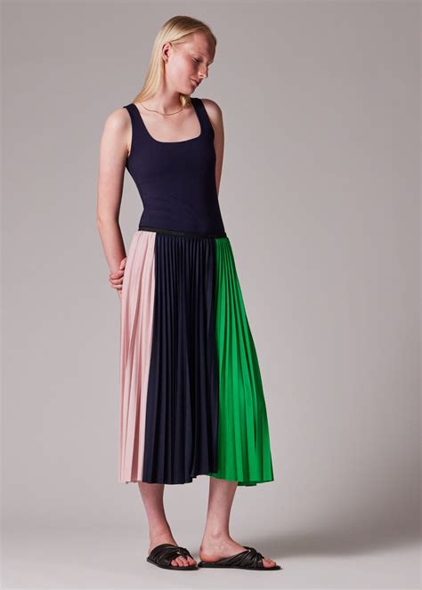 Womens Pleated Block Stripe Skirt