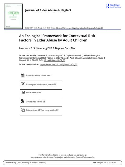 An Ecological Framework For Contextual Risk Factors In Elder Abuse By