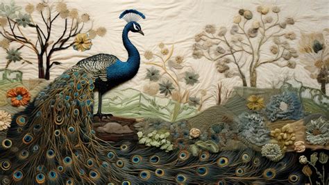 Elegant Embroidered Peacock Scene Desktop Free Photo Rawpixel