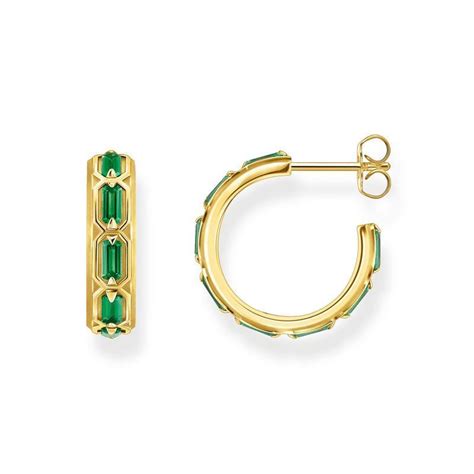 Thomas Sabo Yellow Gold Plated Hoop Earrings With Emerald Green Stones