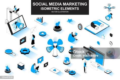 동등 요소의 소셜 미디어 마케팅 번들 자석 메가폰 리드 생성 마케터 발표 및 프로모션 격리 아이콘 사람 캐릭터가 있는 등극 벡터 일러스트 키트 등측투영법에 대한 스톡 벡터