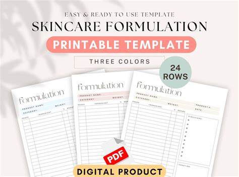 Skincare Formulation Template Pdf Printable Recipe Cosmetics Natural Skincare Formula Etsy