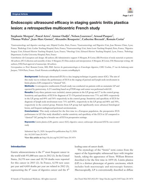 Pdf Endoscopic Ultrasound Efficacy In Staging Gastric Linitis Plastica Lesion A Retrospective