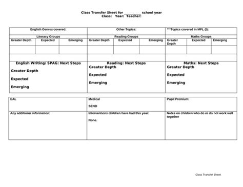 Class Transition Sheet For End Of Academic Year Teaching Resources