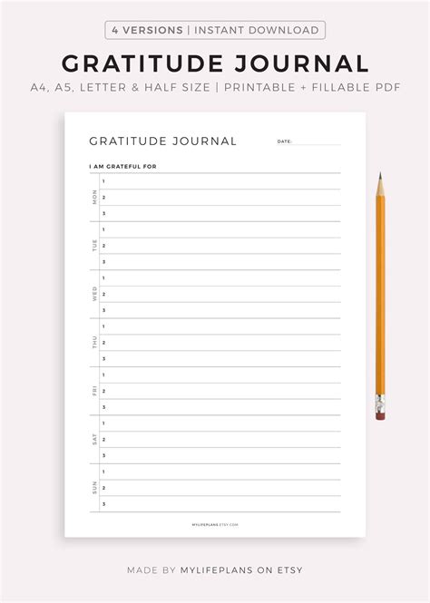 Weekly Gratitude Journal Printable Template Thankfulness Journal