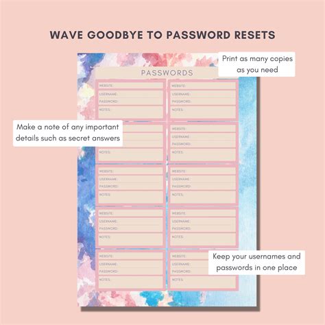 Password Tracker Printable Tracker Pink And Blue Watercolour