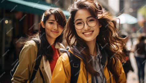 Premium Ai Image Two Japanese Girls Walking In Shopping Streets Of