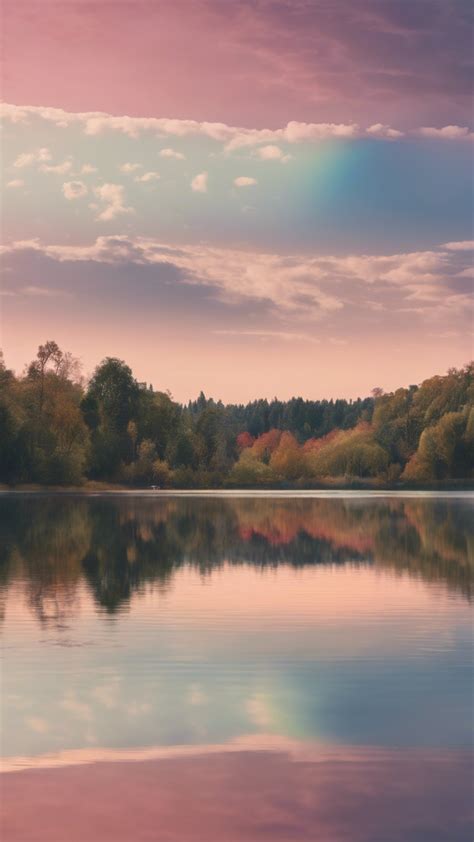 【配布中】夕暮れ時の静かな風景、穏やかな湖に映るパステルカラーの虹 壁紙 By Wallpaper Hd Widgetclub