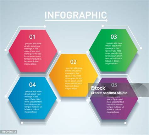 5 개의 옵션이있는 다채로운 육각 형 인포 그래픽 벡터 템플릿 웹 다이어그램 그래프 프리젠 테이션 차트 보고서 단계별 인포 그래픽에 사용할 수 있습니다 추상 배경 인포