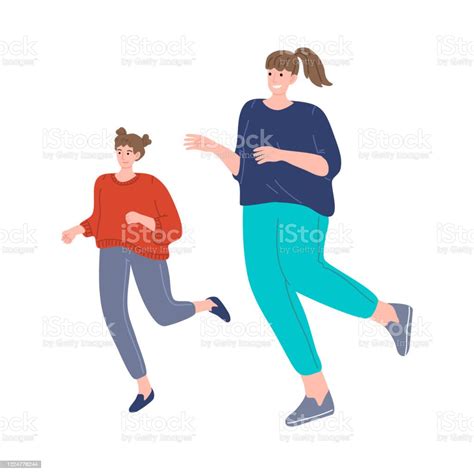 Happy Smiling Mother And Daughter Are Running Healthy Lifestyle Vector
