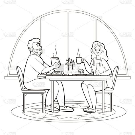 涂色书，未来的家庭青年男女喝着茶或咖啡与甜糕点在大窗口。矢量插图儿童黑白线艺术素材 花瓣网