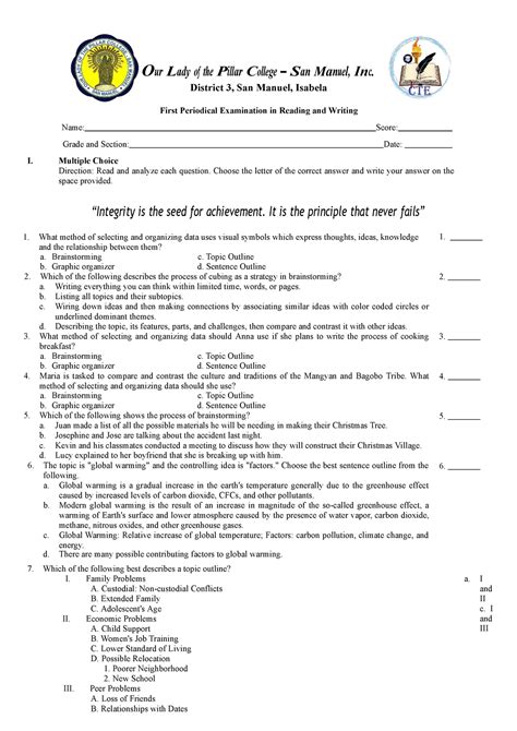 Rn W Exam Rnw Ou R L Ady O F The Pi Ll A R C Olle Ge S A N Ma Nue