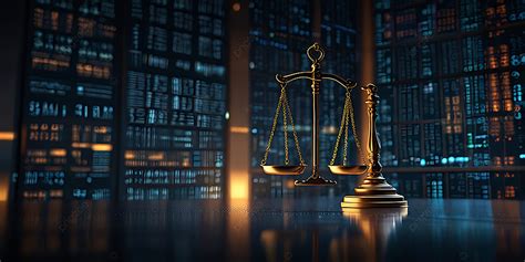 A Golden Scales Of Justice In Dimly Lit Room With Backdrop Glowing Blue