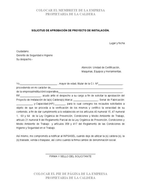 Carta Para La Solicitud De Aprobación De Proyectos De Instalación De Calderas Pdf