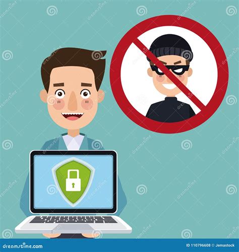 Blue Color Background Man Programmer Holding Laptop With Security Padlock With Chains Crossed