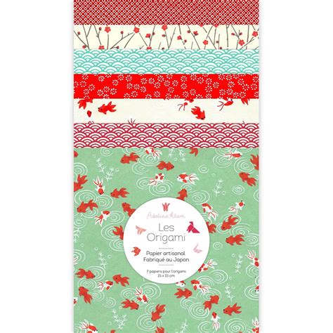 7 Papiers Origami 15 X 15 Cm Rouge Vert Deau Et Blanc Crème Ki