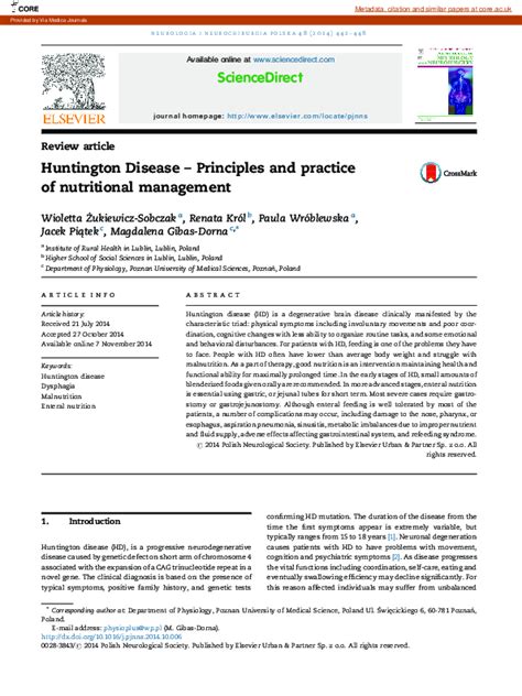 Pdf Huntington Disease Principles And Practice Of Nutritional