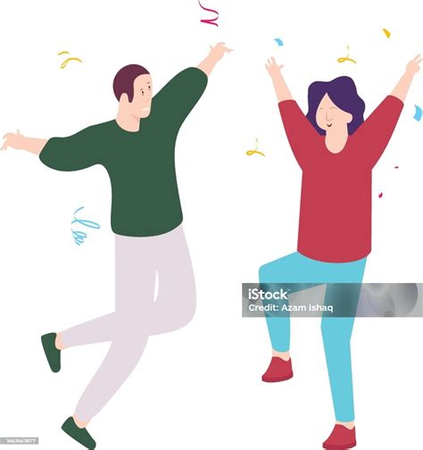 기뻐하는 사람들은 함께 파티를 축하하고 젊은 남녀 친구들은 파티 음악 벡터 아이콘 디자인 삶의 만족 상징 긍정적이고 즐거운 감정 장면 표지판에 맞춰 춤을 춥니다 색종이