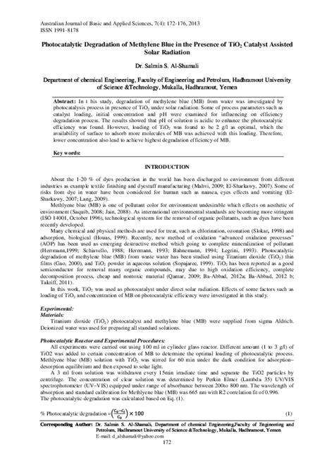 Pdf Photocatalytic Degradation Of Methylene Blue In The Presence Of Tio 2 Catalyst Assisted