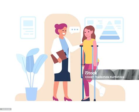 다리에 깁스를 한 채 목발을 짚고 있는 소녀를 위로하는 여성 의사 환자 치료 의사 예약 클리닉 상담 의료 전문가 다친 발 검사 벡터 개념 석고붕대에 대한 스톡 벡터 아트 및
