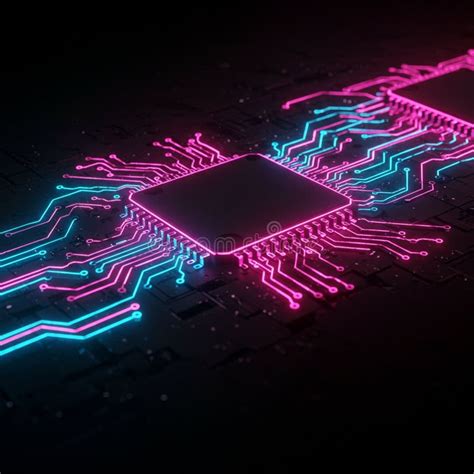 Neon Lit Circuit Board With A Central Microchip Vibrant Pink And Blue