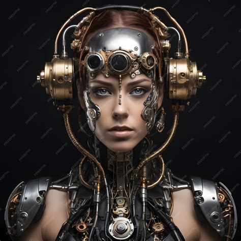 Premium Photo Portrait Of A Cyborg Steampunk Woman Short Hair Gold And Silver Metal Cables An
