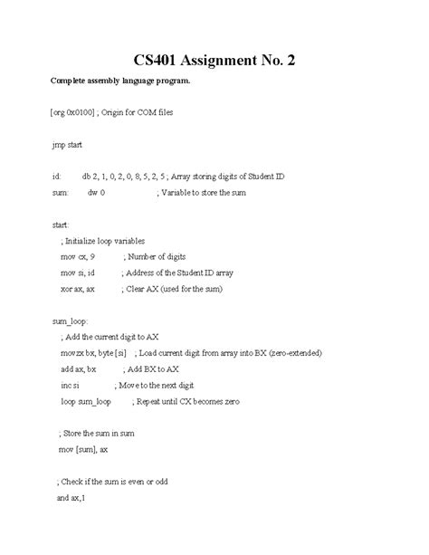 Cs401 Assignment No 2 2 Complete Assembly Language Program Org