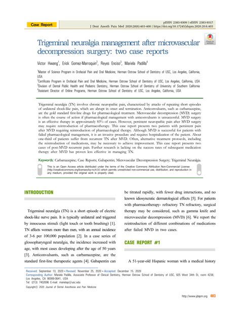 Pdf Trigeminal Neuralgia Management After Microvascular Decompression Surgery Two Case Reports