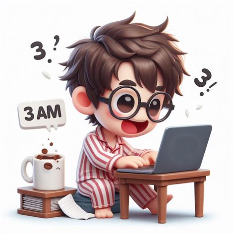 premium photo cute 3d style chibi programmer in pajamas hair a mess excitedly typing away on a