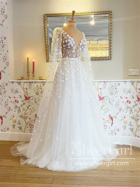 3d Flowers See Through Bodice Bridal Gown V Neck Wedding Dress With De